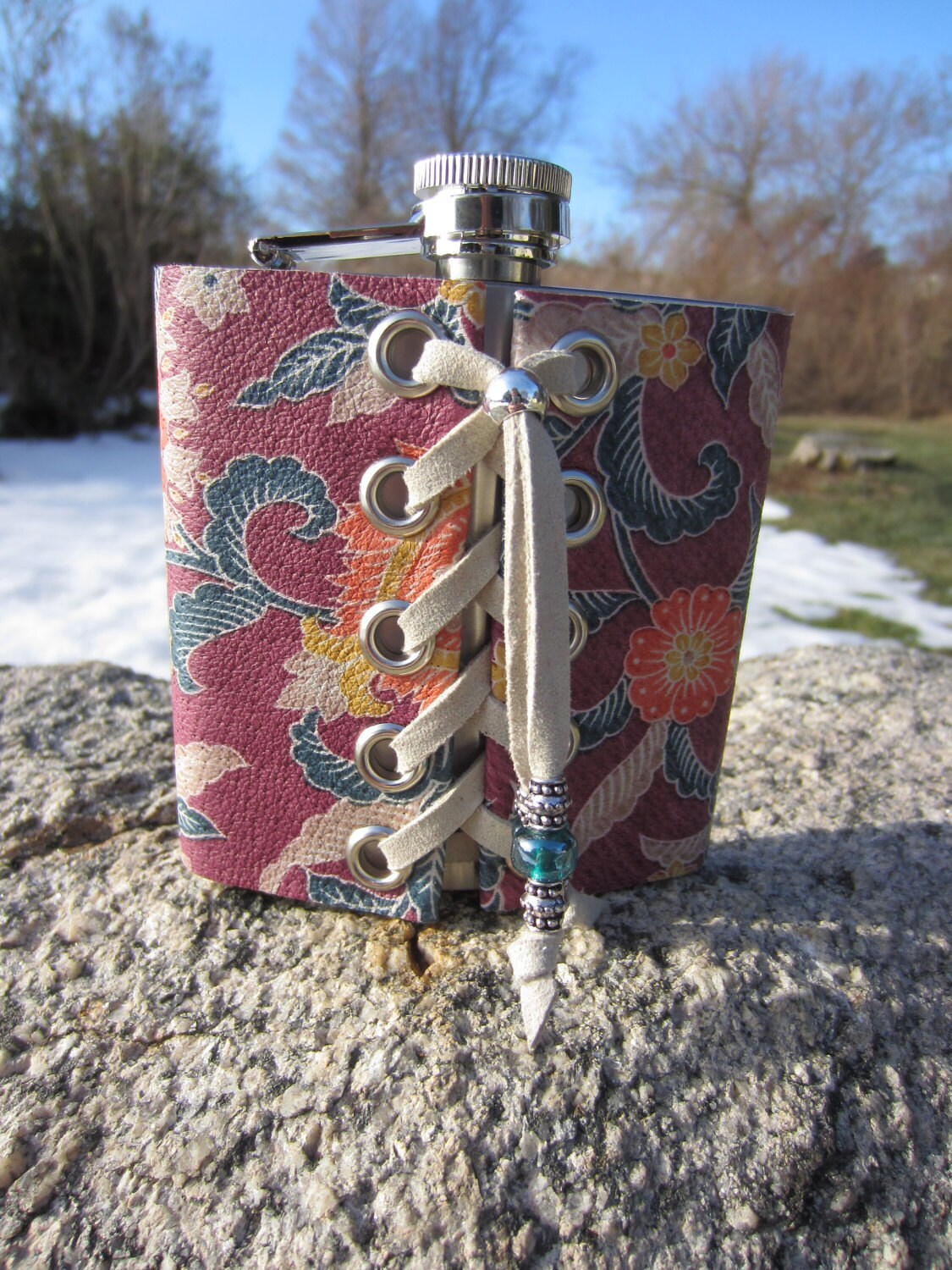 Floral Leather Covered Flask \ Stainless Steel Hip Flask W/ Funnel ...