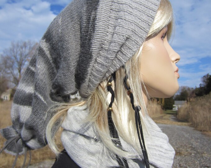 Long Stocking Cap Wool Blend Slouchy Beanie, Gray Stripe Warm Winter Hat A858 - Etsy