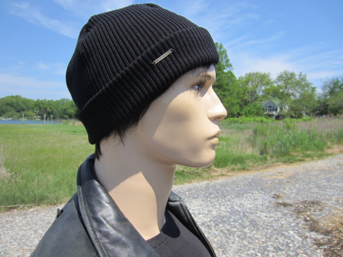 Rib Watch Cap Skull Cap Black Knit Hat Men Beanie Cotton Thick - Etsy