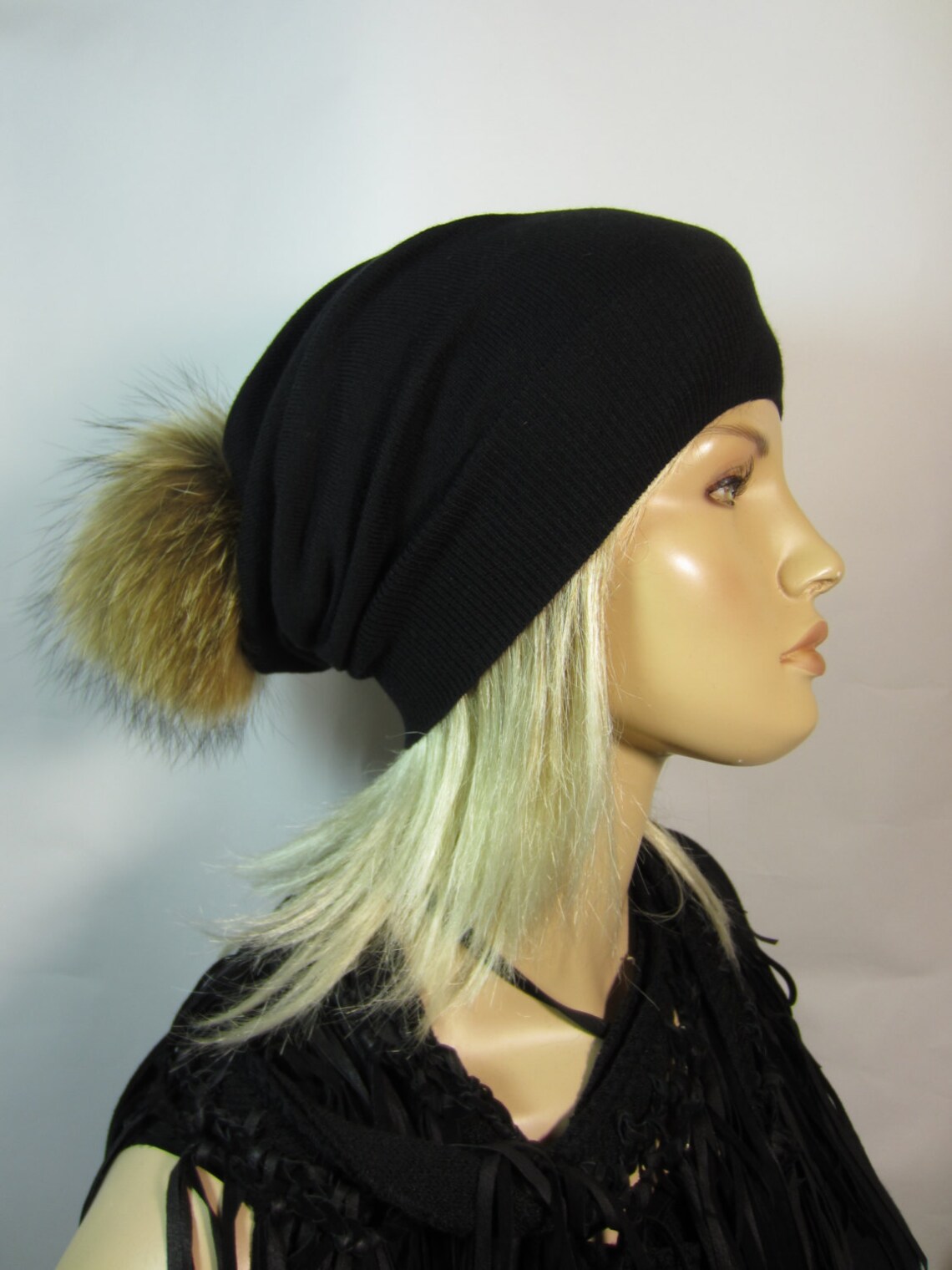 Black Cashmere Hat Fur Pom Pom Hat Cotton Blend Slouchy Beanie | Etsy