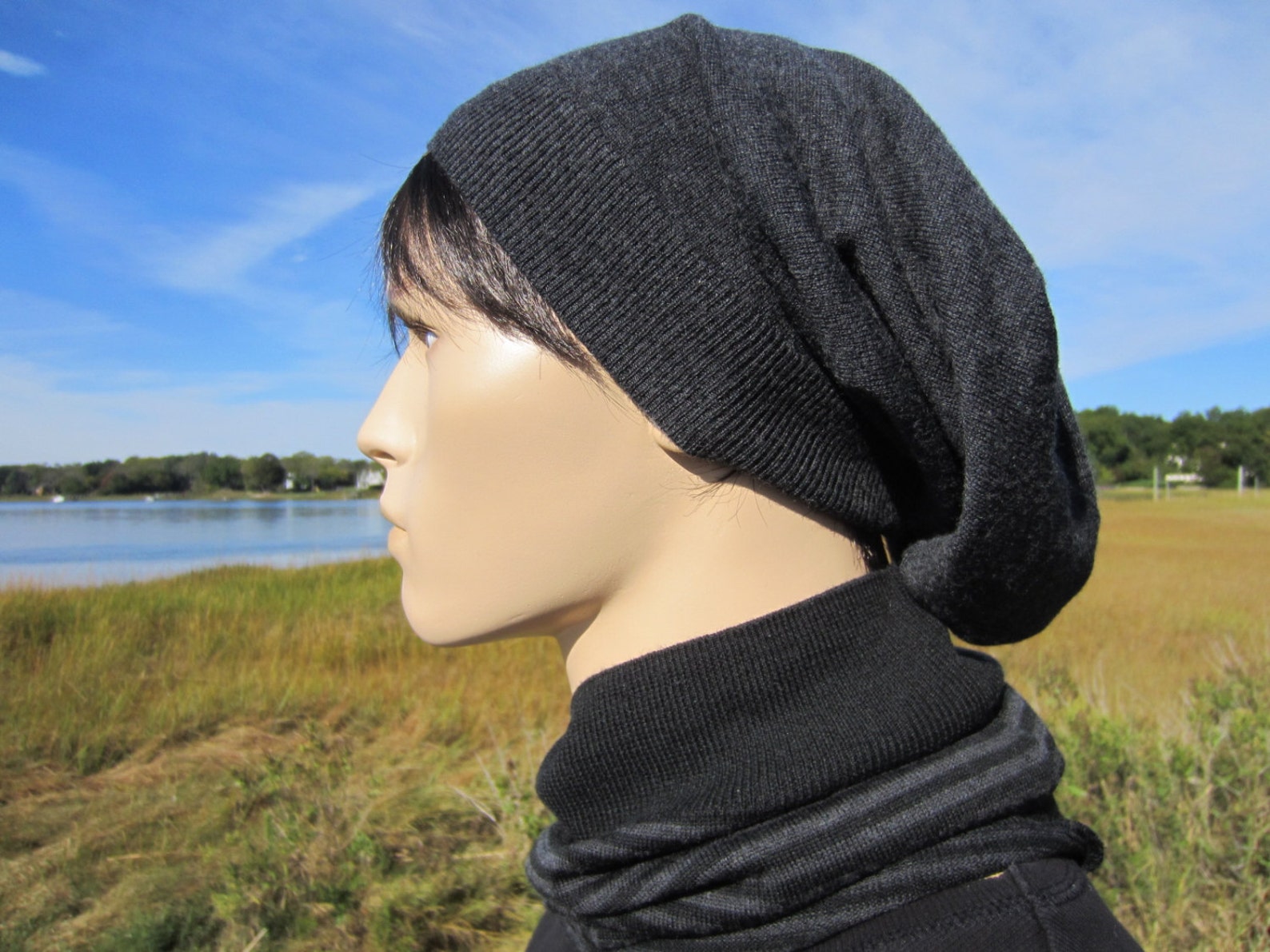 Lightweight Merino Wool Mens Knit Hat Gray Slouchy Beanie Hat Gray ...