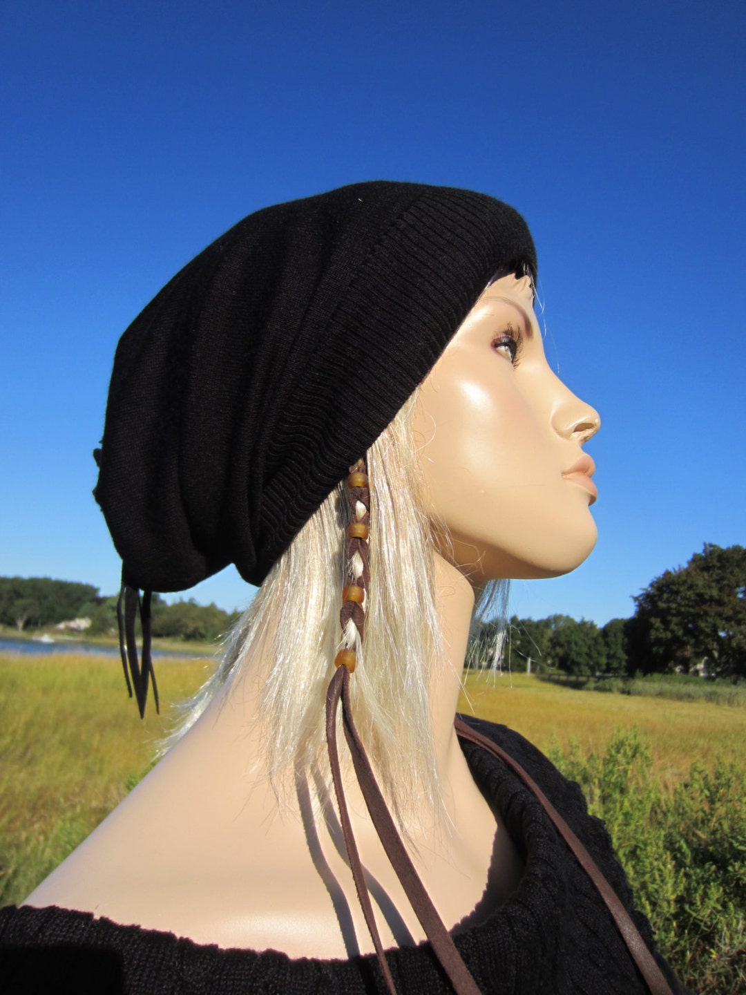 Bohemian Clothes Black Slouchy Beanie Hat Merino Wool Blend Ladies Tams ...