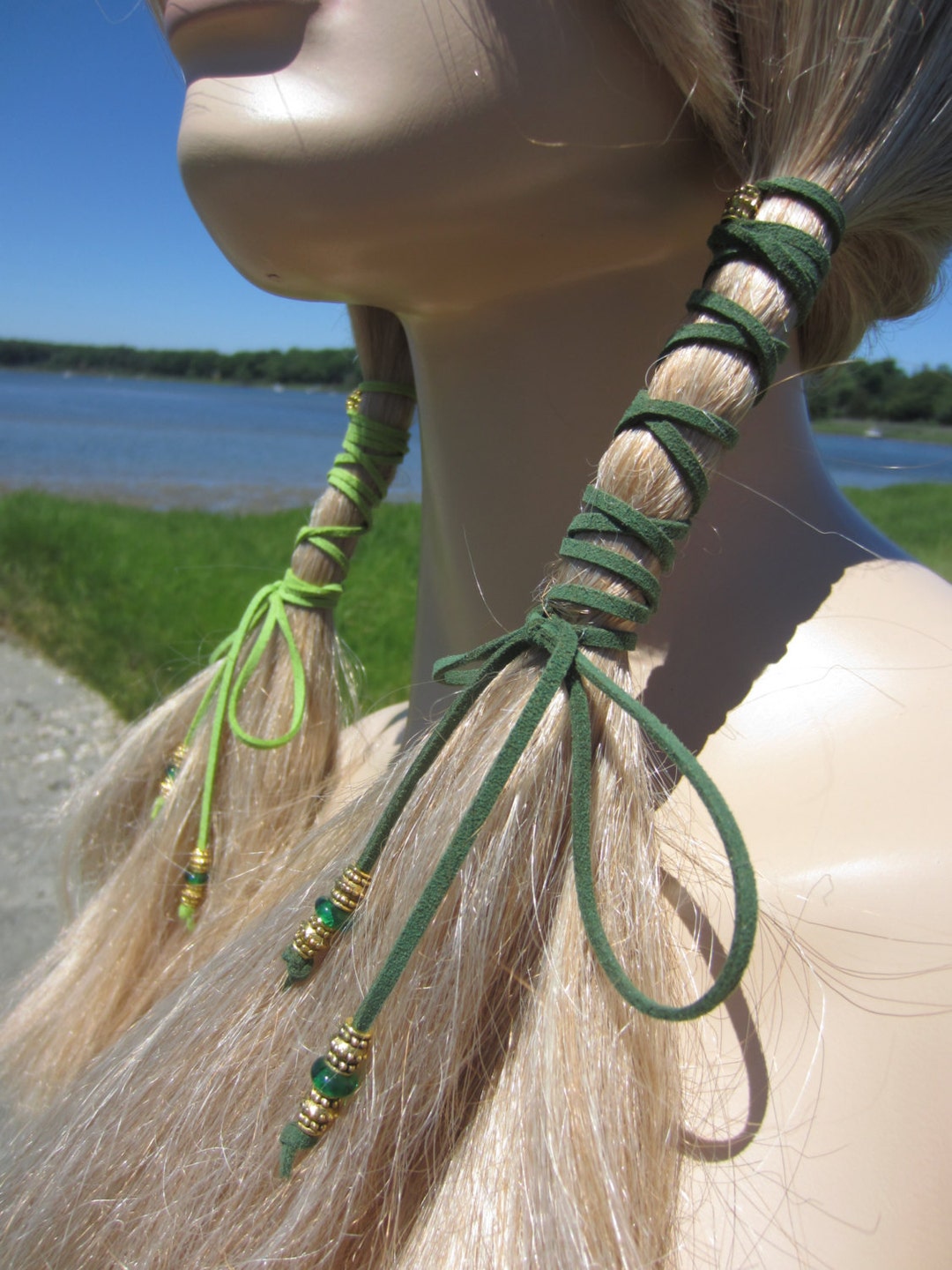 Leather Hair Ties Wraps Beaded Ponytail Holders Green Suede Braid Hair ...