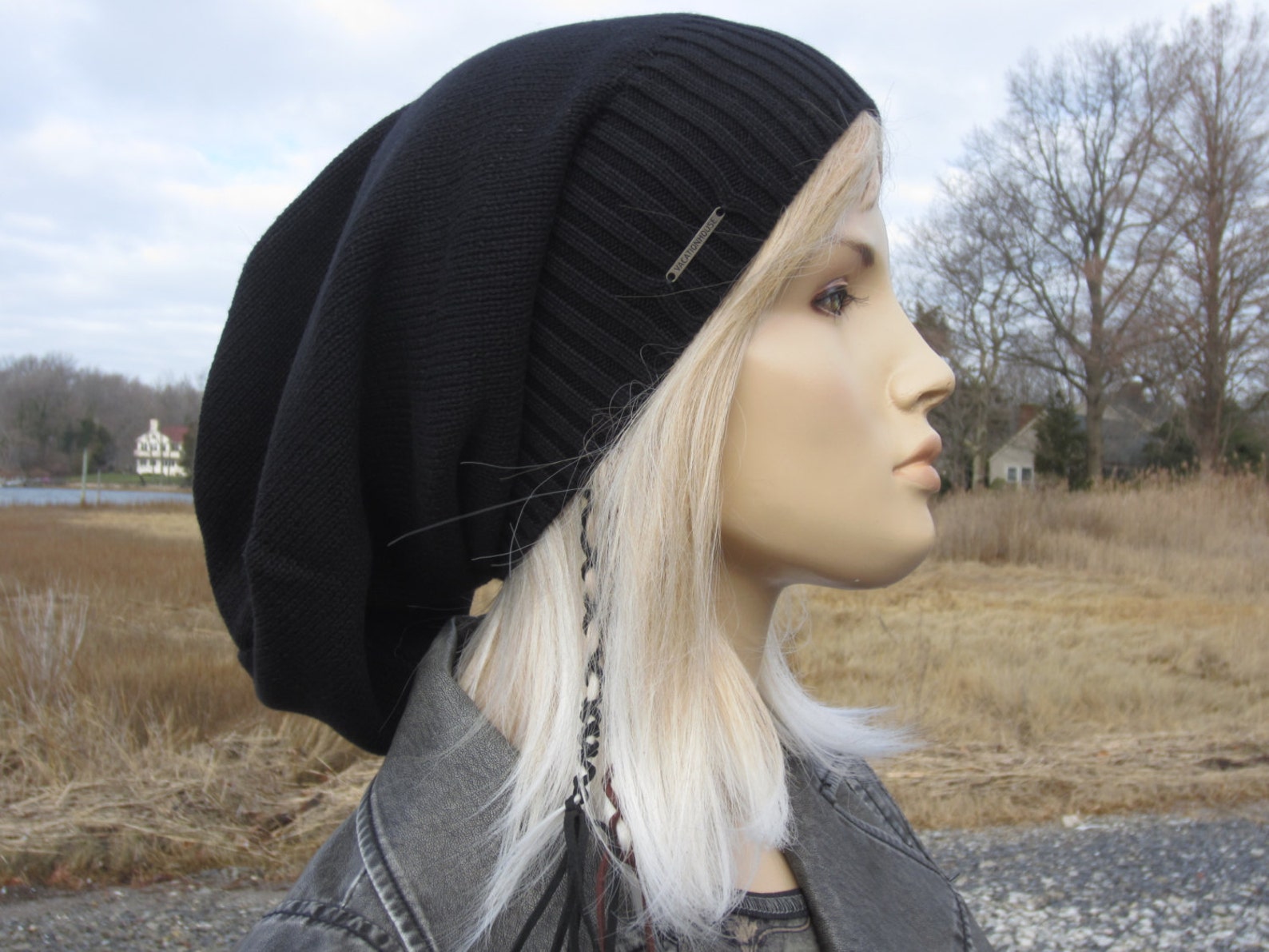 Extra Long Back Tam Big Thick Knitted Womens Solid Black Slouch Beanie ...