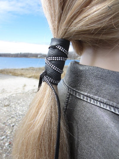 Black Leather Studded Hair Wrap Ponytail Holder Hair Jewelry Edgy ...