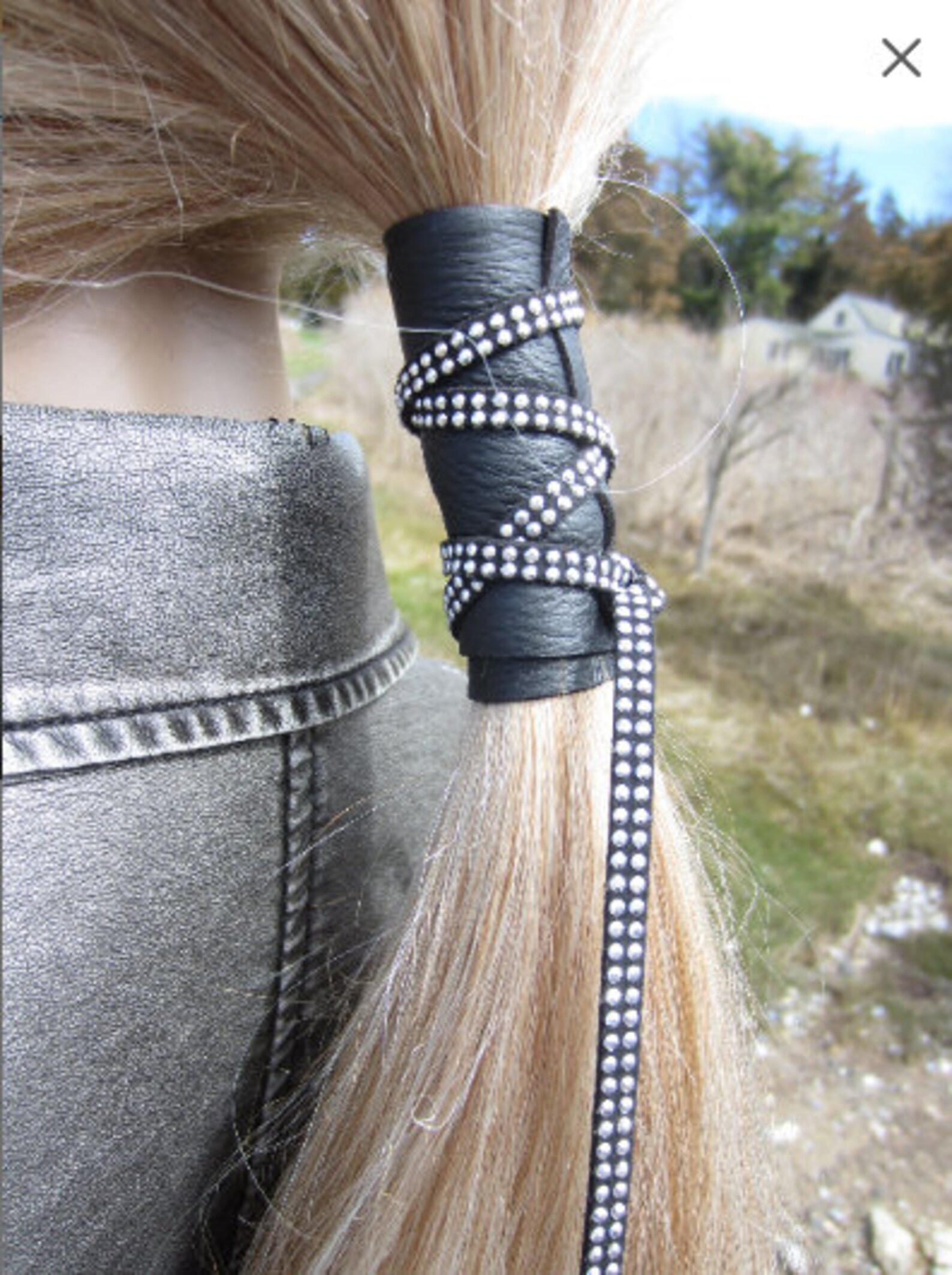 Black Leather Studded Hair Wrap Ponytail Holder Hair Jewelry Edgy ...