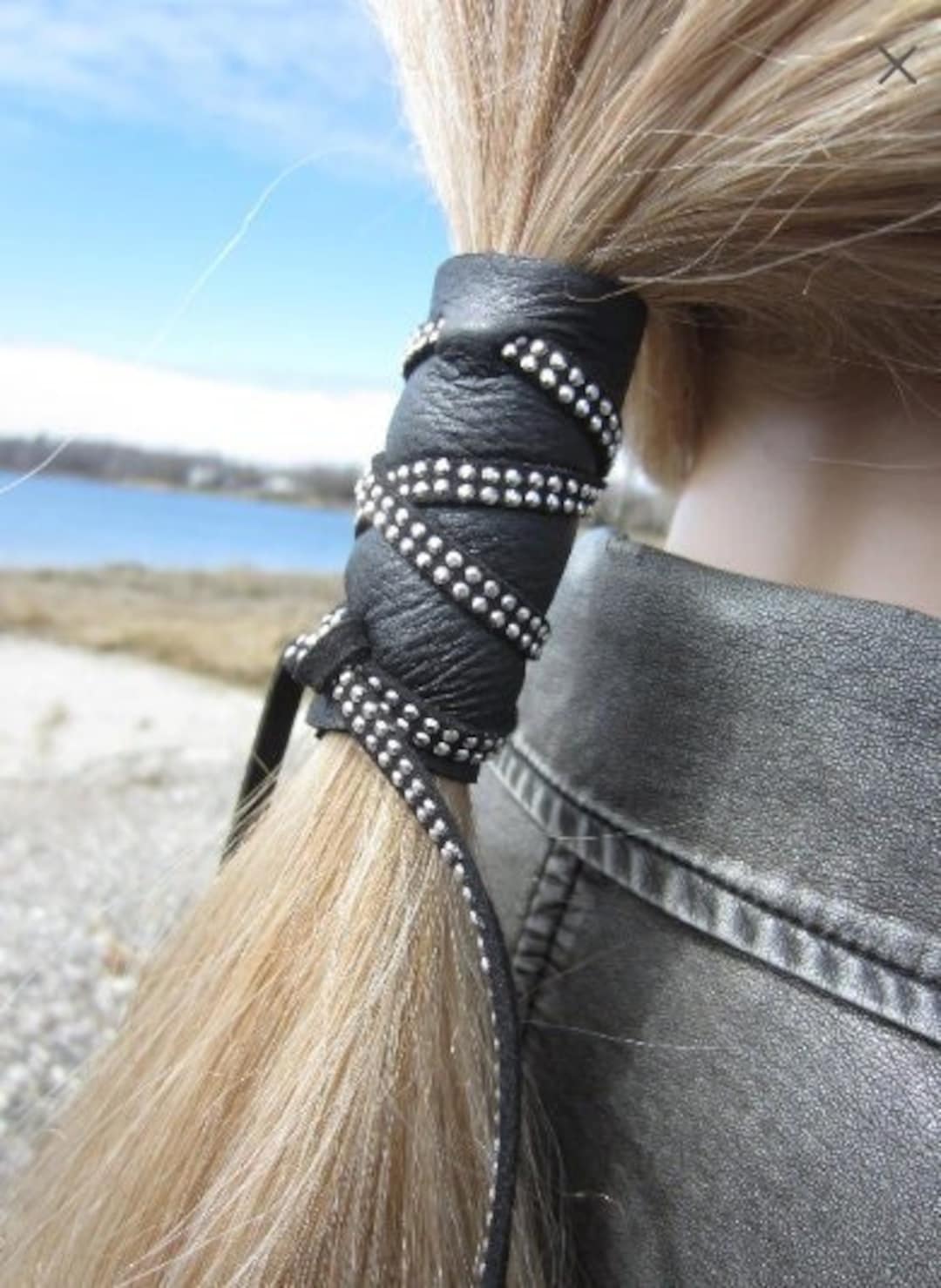 Black Leather Studded Hair Wrap Ponytail Holder Hair Jewelry Edgy ...