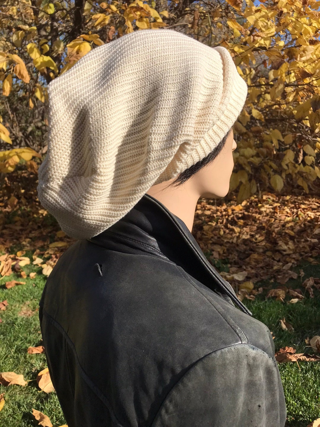 Men's Winter Hats Thick Slouchy Tam Ivory Winter White Cotton Knit ...