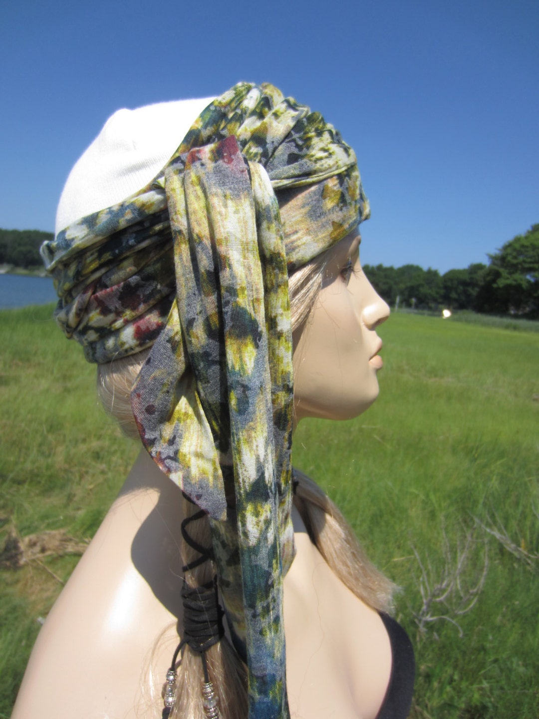 Turban Hair Wrap Head Scarf Skull Cap Beanie Hat Womens Ivory Cotton ...