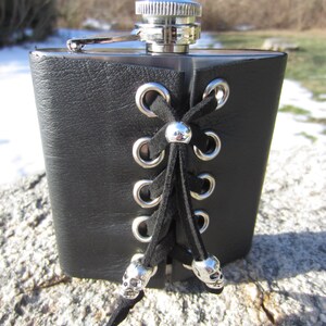 SKULL Hip Flask Black Leather Lace up Corset Cuff Wrap Stainless Steel ...