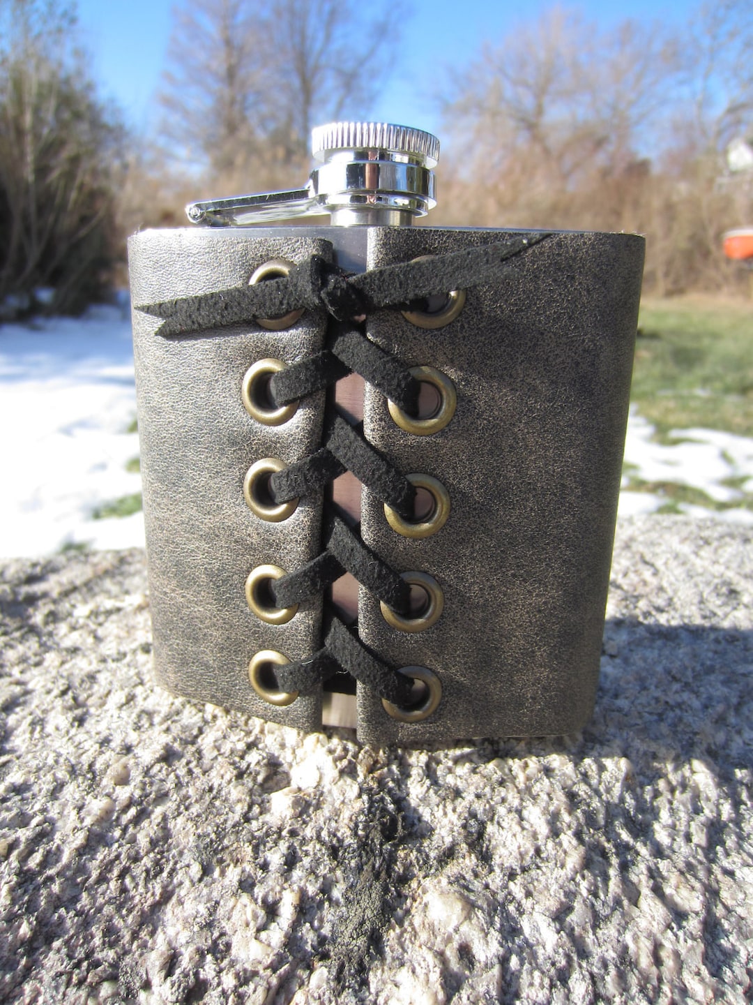 Distressed Leather Covered Flask \ Stainless Steel Hip Flask W/ Funnel ...