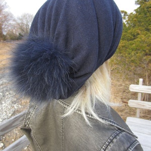 Navy Blue Cashmere Hat Fur Pom Pom Beanie Slouchy Beanies | Etsy