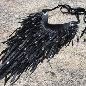Black Leather Fringe Necklace Statement Piece Scarf Beaded Neck Cuff ...