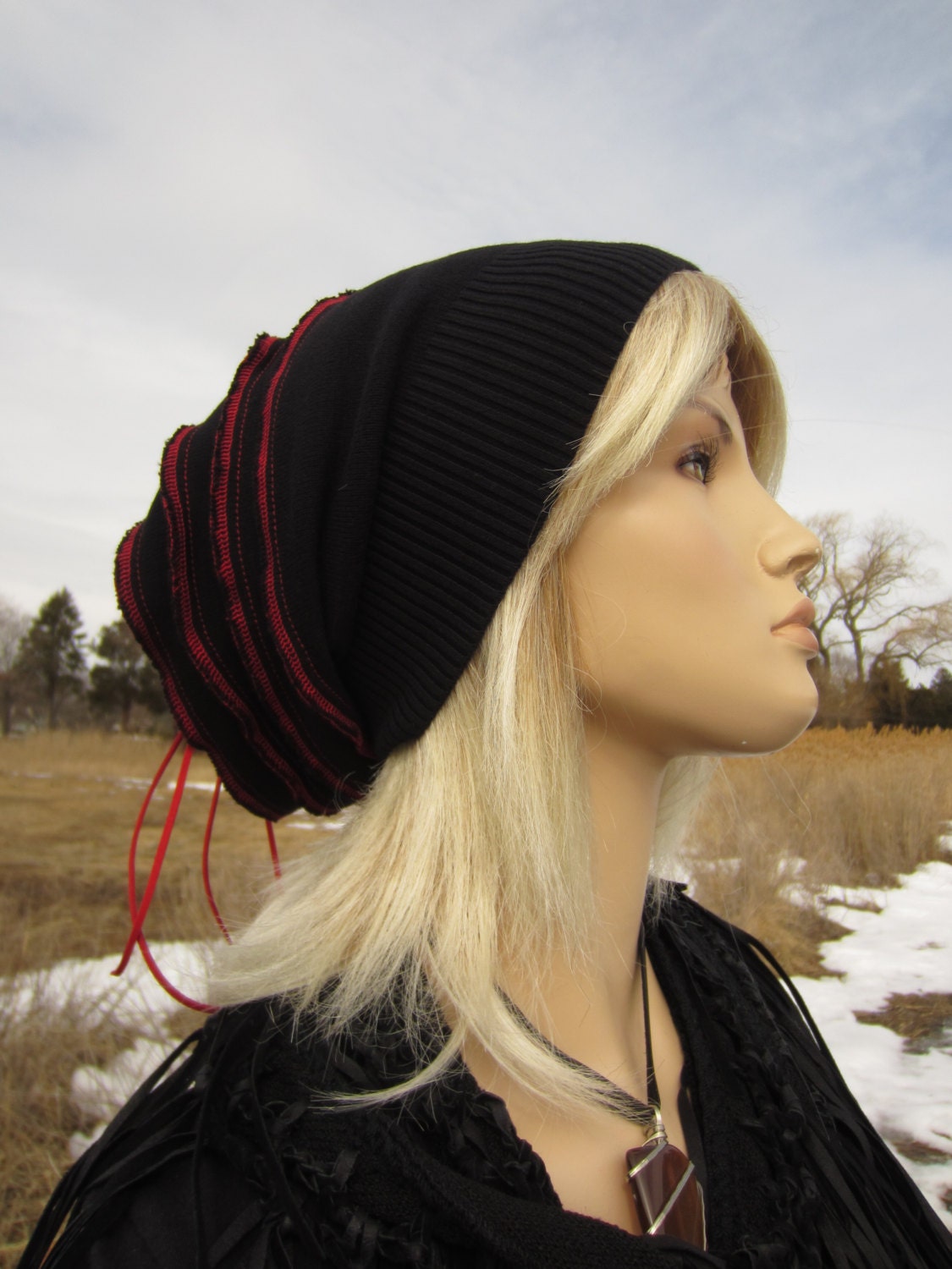 Black / Red Edgy Slouch Beanies Hats Rose Back Tam Cotton - Etsy Sweden