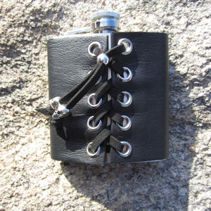 SKULL Hip Flask Black Leather Lace up Corset Cuff Wrap Stainless Steel ...
