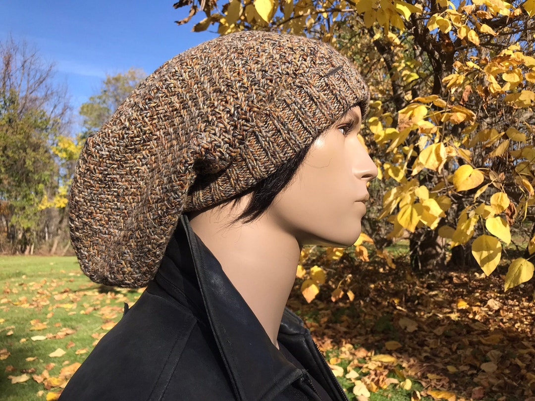 Men's Winter Slouchy Knit Hat Wool Blend Beanie Brown Tan Cuffed Tweed ...