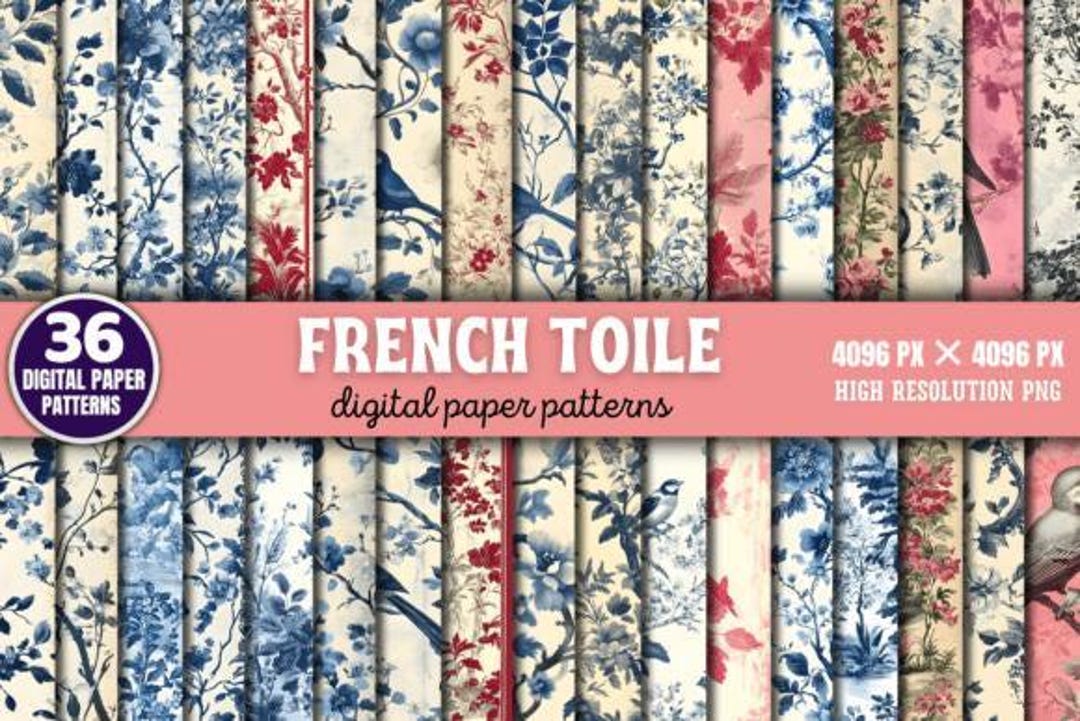 French Toile Digital Paper Bundle | 36 Seamless Vintage Patterns ...