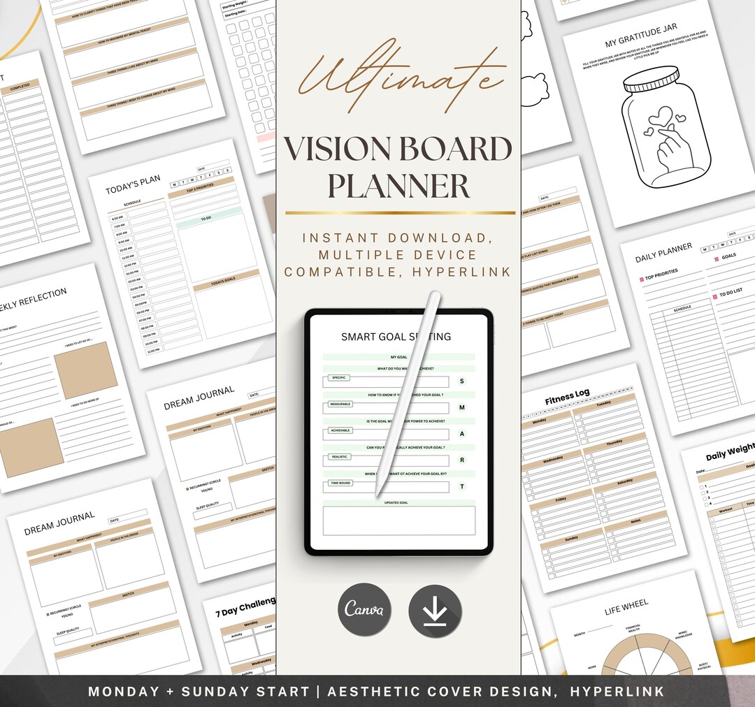 Vision Board Planner | Canva Editable Goal Setting Workbook ...
