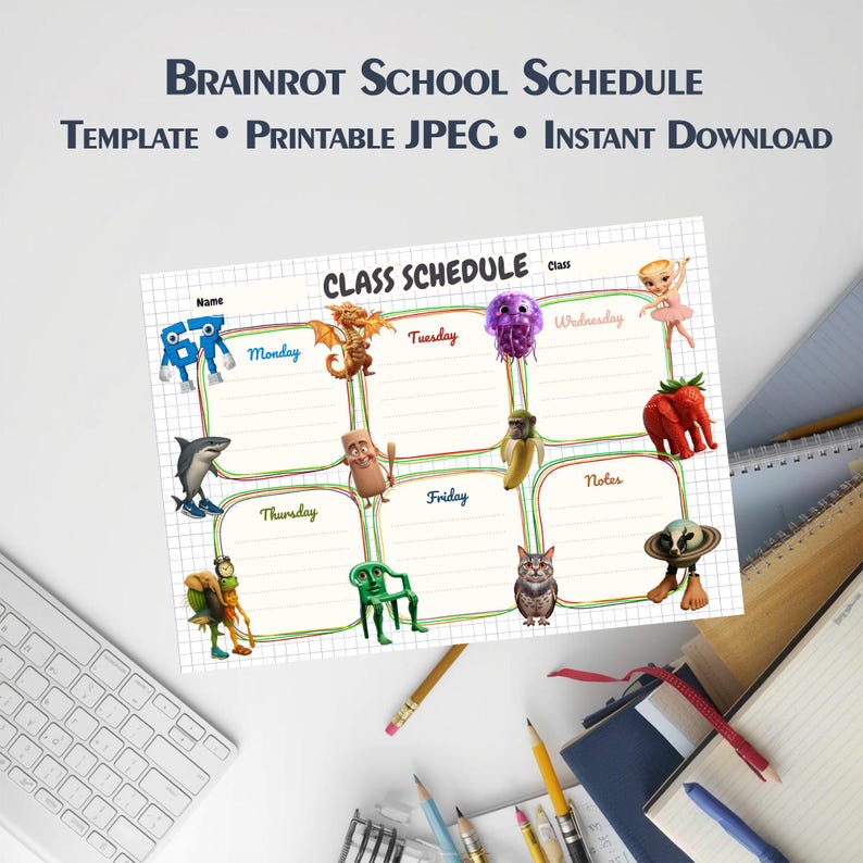 Brainrot Meme School Schedule Template – Printable A4 JPEG, Funny Class ...