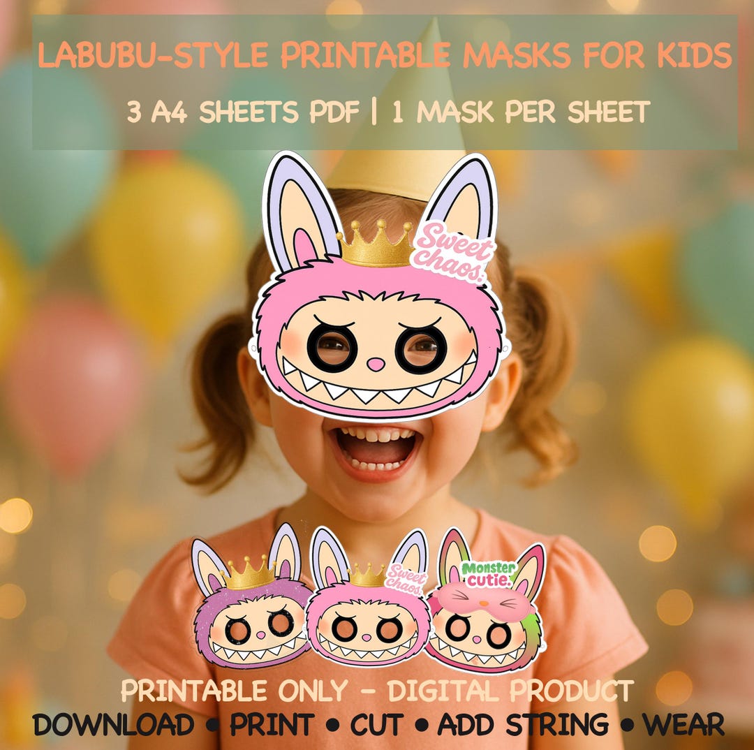 Labubu Style Printable Masks for Kids – Cute Party Masks | 3 A4 PDF ...