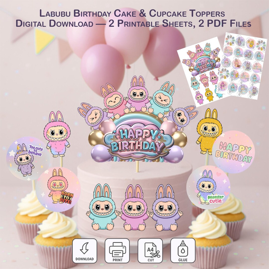 Cake Topper PDF | 1 Large Happy Birthday Topper + 8 Labubu Characters ...