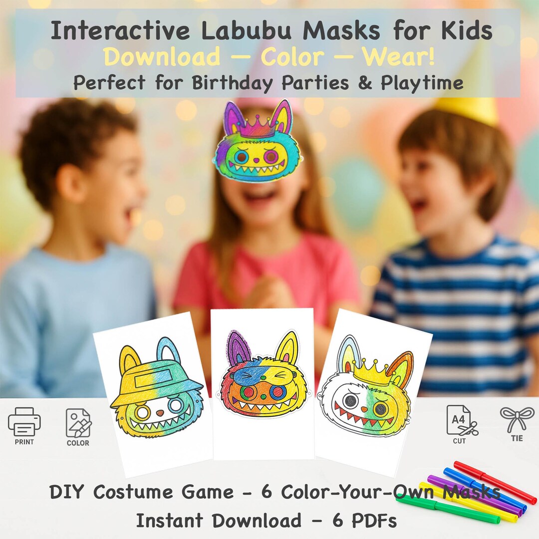 Printable Labubu Masks for Kids: DIY Coloring Party Activity (digital ...