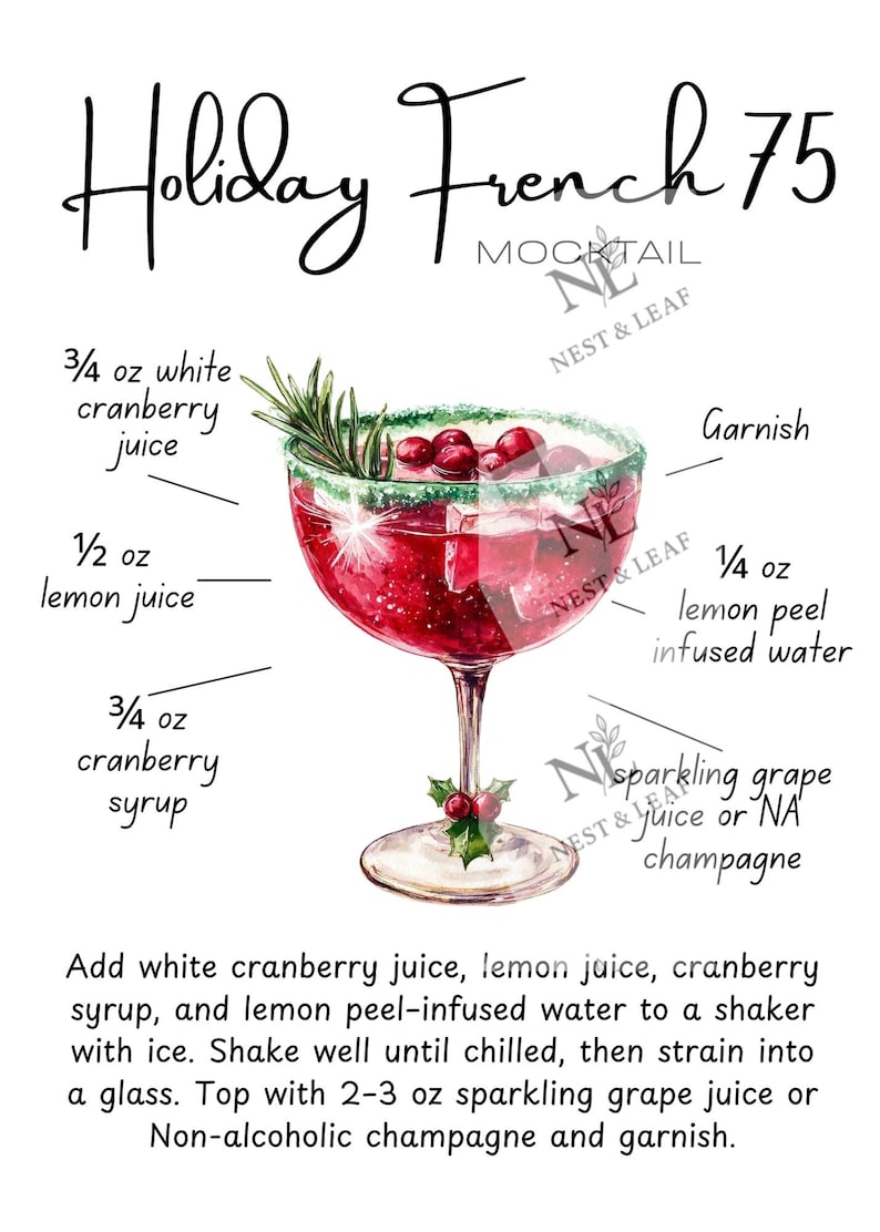 Holiday French 75 Mocktail Recipe Card | Christmas Mocktail (digital ...