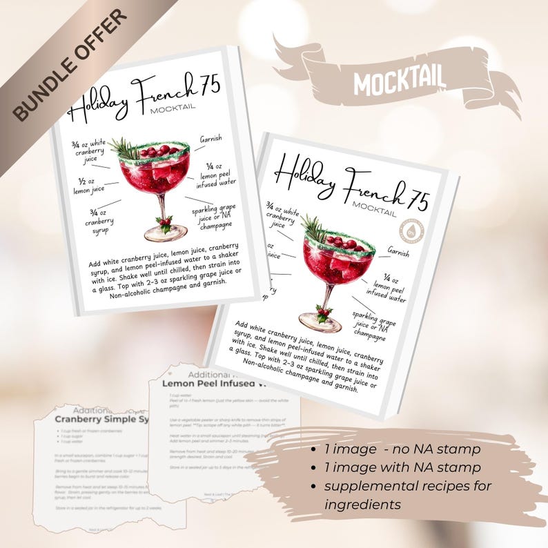 Holiday French 75 Mocktail Recipe Card | Christmas Mocktail (digital ...