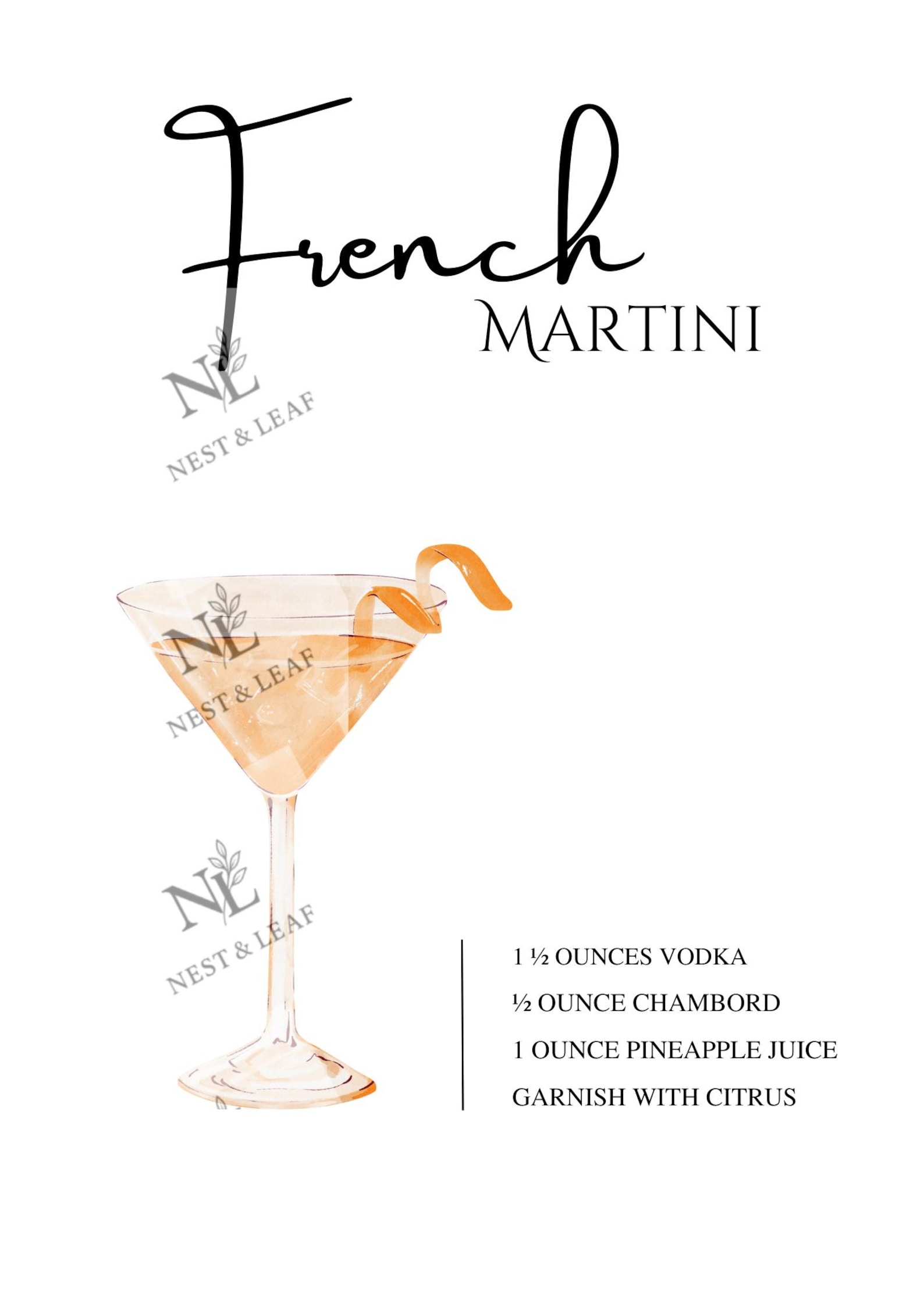 French Martini Recipe Card 2 | Printable Cocktail Menu | Happy Hour Bar ...
