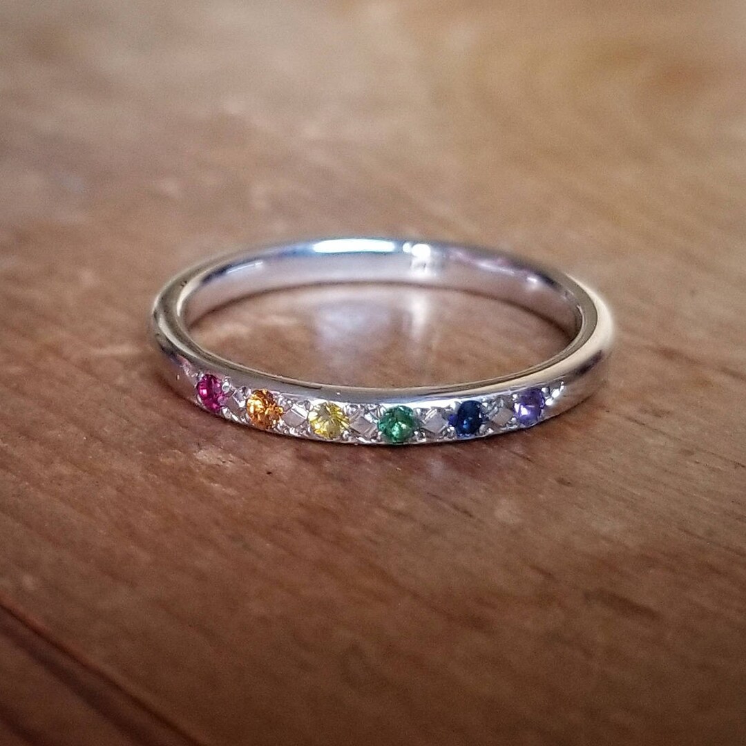 Rainbow Ring Rainbow Wedding Bands Women White Gold Wedding - Etsy