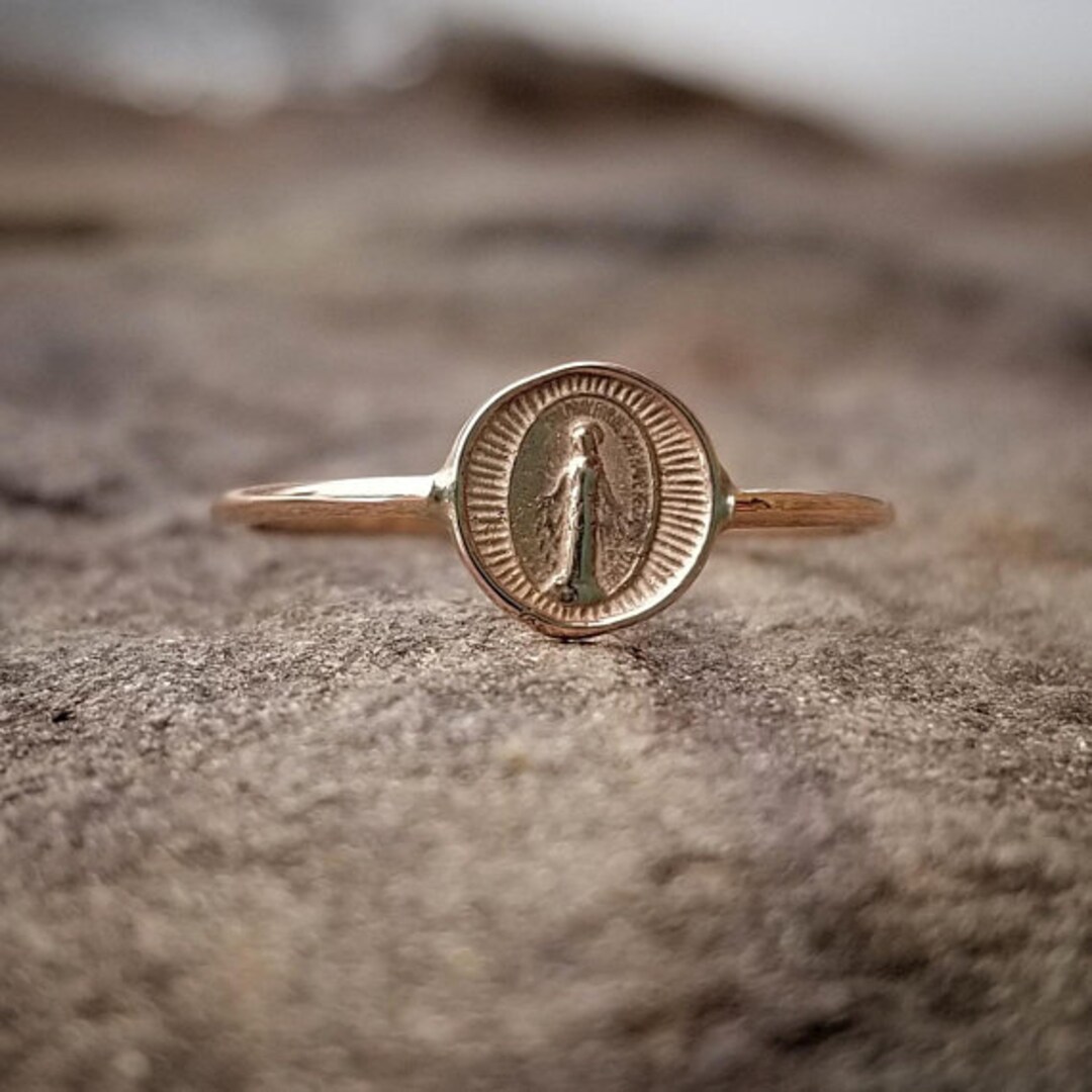 Gold Virgin Mary Ring, Gold Miraculous Medal Ring, 14K Stacking Ring ...