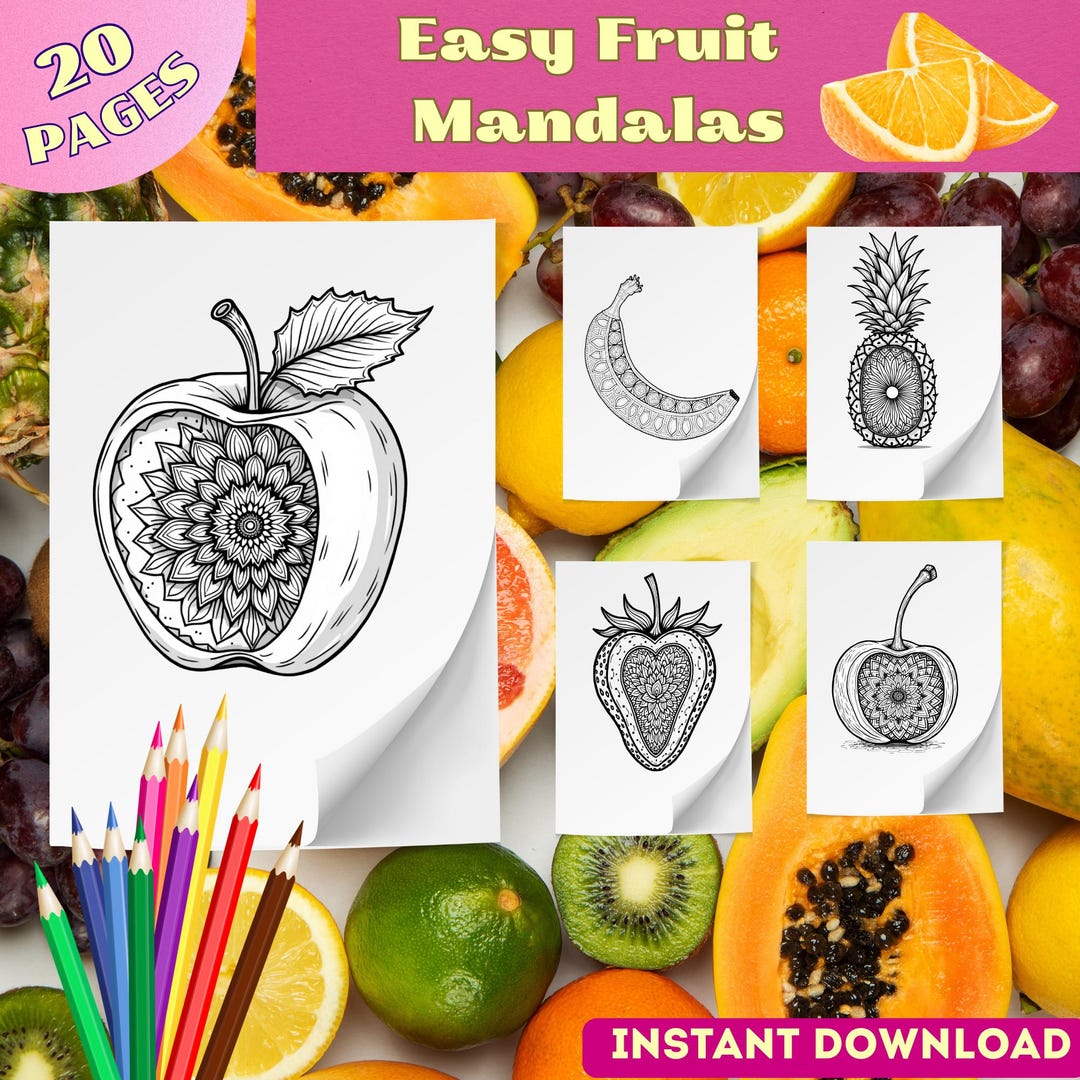Fruit Mandala Coloring Pages: 20 Printable Designs, Relaxing Art Bundle ...