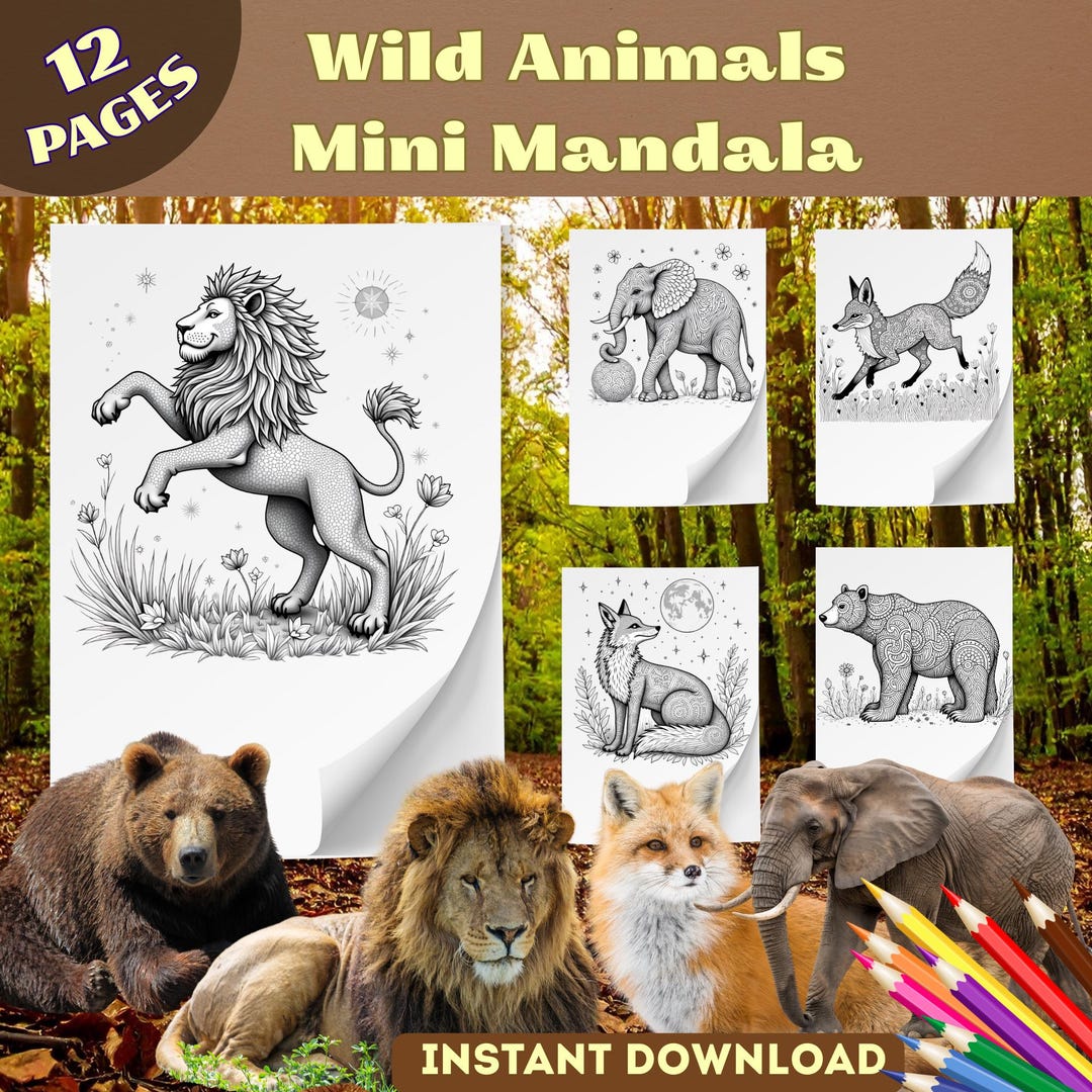 Wild Animals Mandala Mini Coloring Pages: 12 Designs for Adults & Teens ...