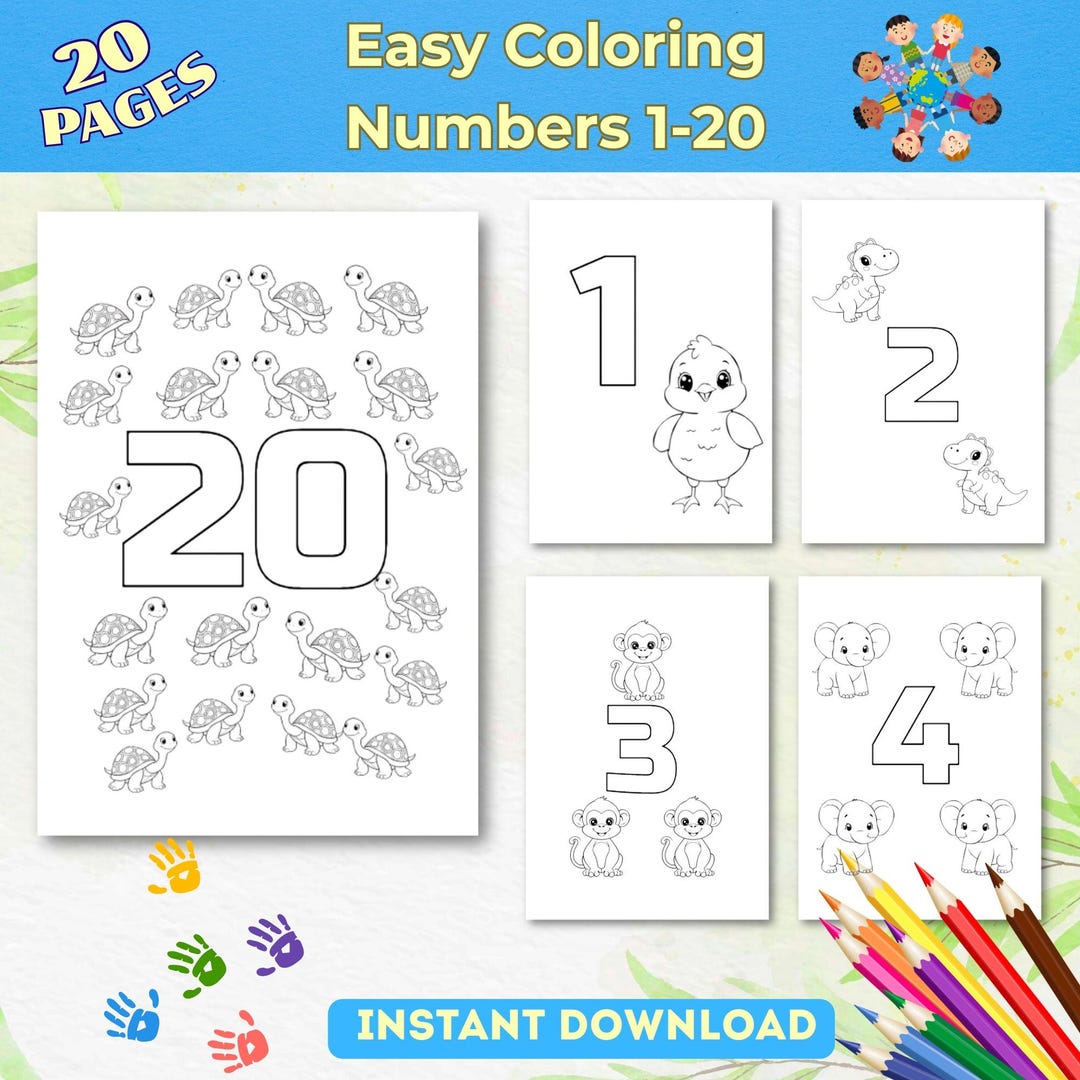 Number Coloring Pages 1-20 Printable for Preschool | 20 Worksheets PDF ...