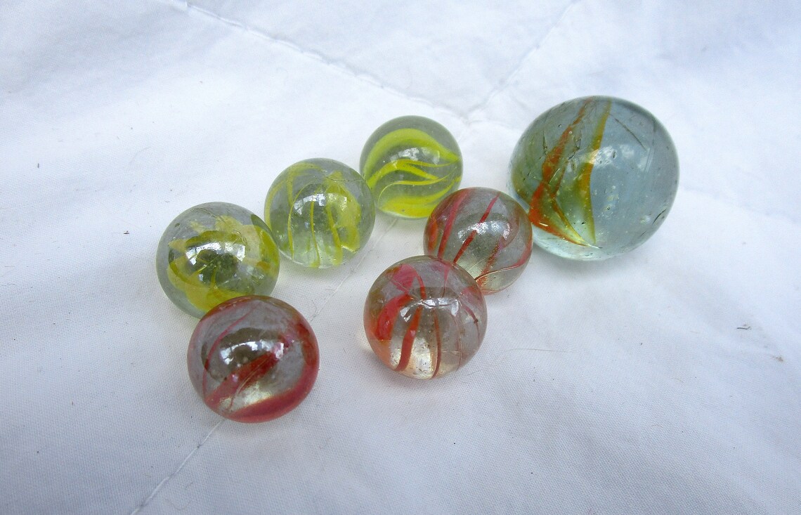 Set of 7 Onion Skin Swirl Marbles in Green and Orange | Etsy