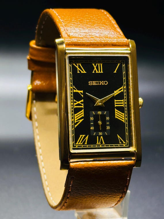 Vintage Seiko Rectangular Dress Watch: Black-Gold Dia… - Gem