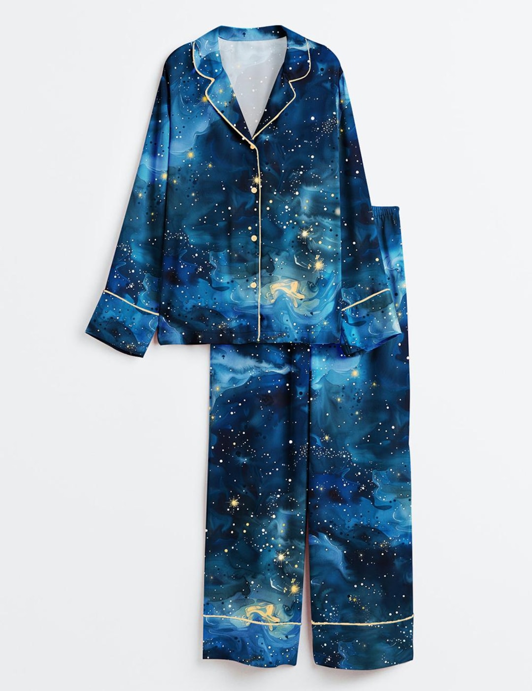 Starry Night Sky Stars and Moons Short Sleeve Satin Pajama Set, Stars ...