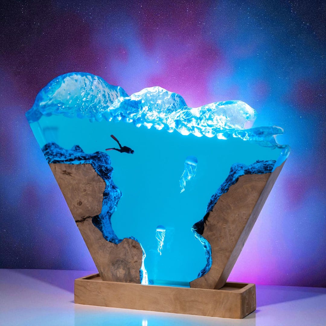 Ocean Wave Resin Art Sculpture With LED Lights, Handcrafted Jellyfish ...