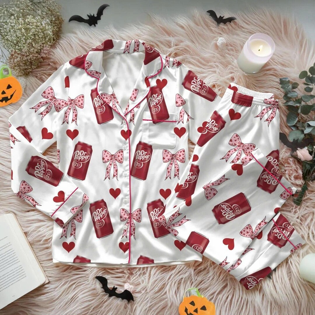 Coquette Dr Pepper White Heart Bow Pajamas Set, Dr Pepper Soda Lover ...