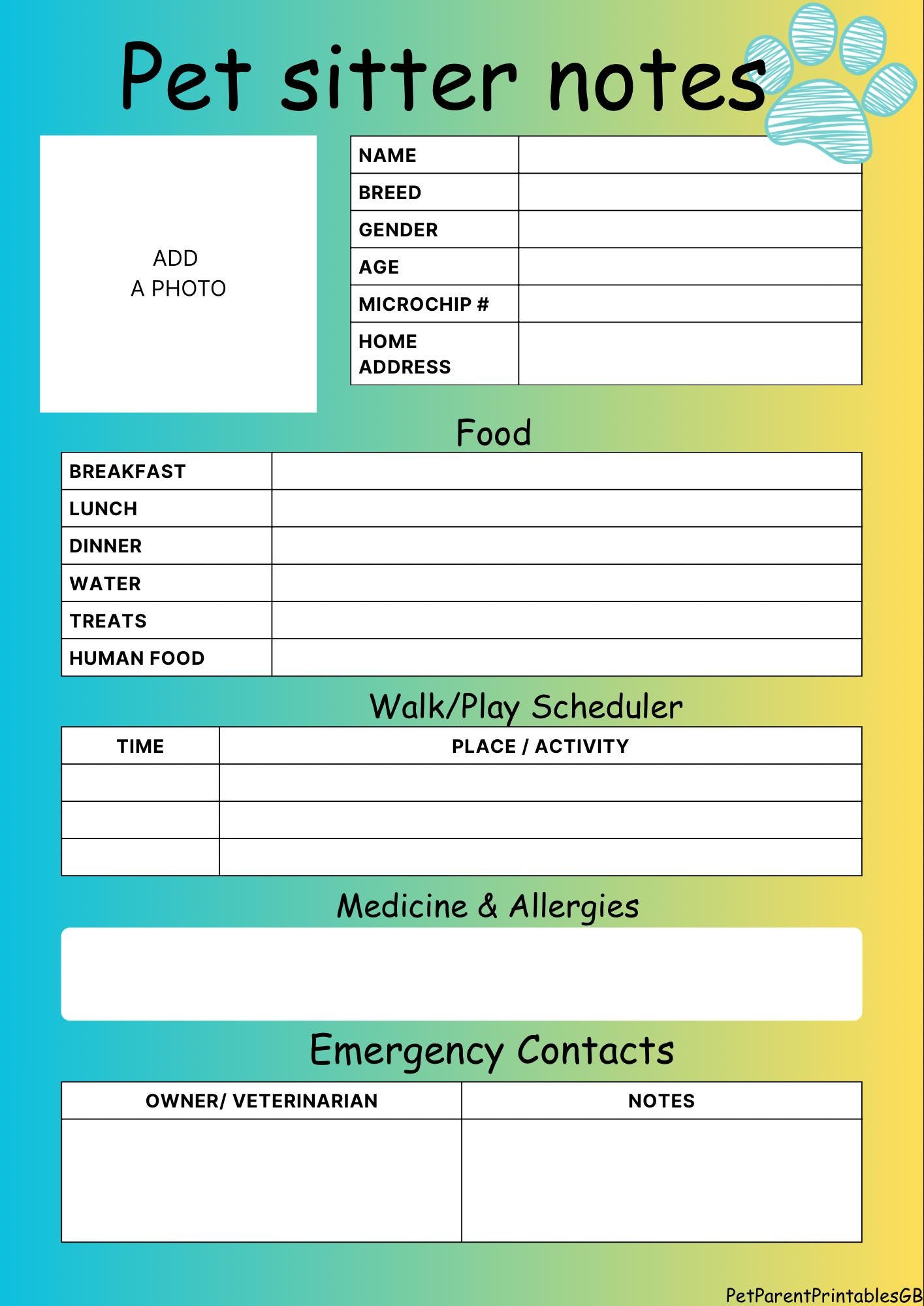 Pet Sitter Instructions Printable | Pet Info Sheet for Dog or Cat | Pet ...