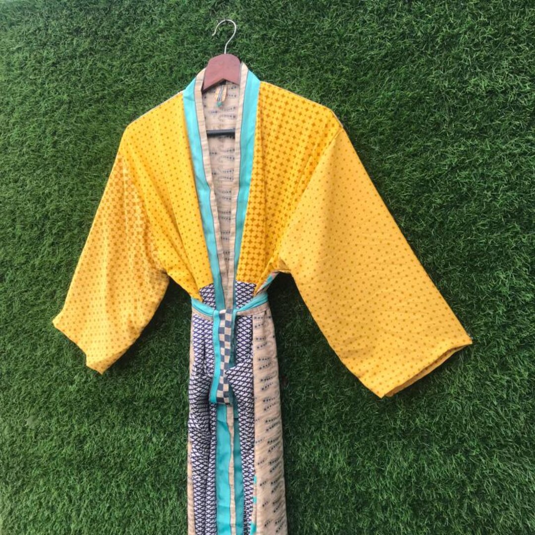 Vintage Recycled Silk Sari Kimono Bath Robe, Patchwork Silk Blend ...