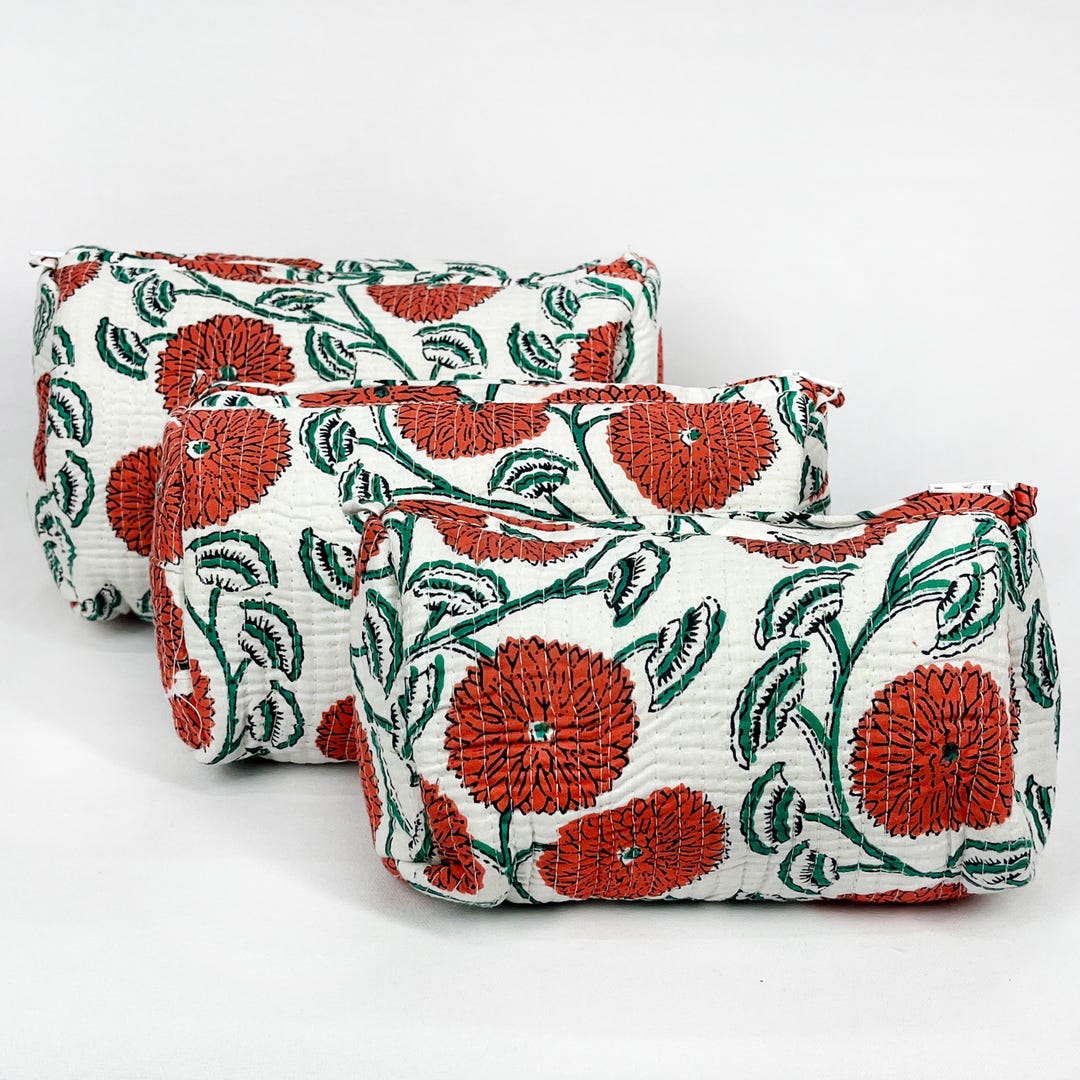 Block Print Makeup Bag Quilted Cotton Travel Pouch - Etsy