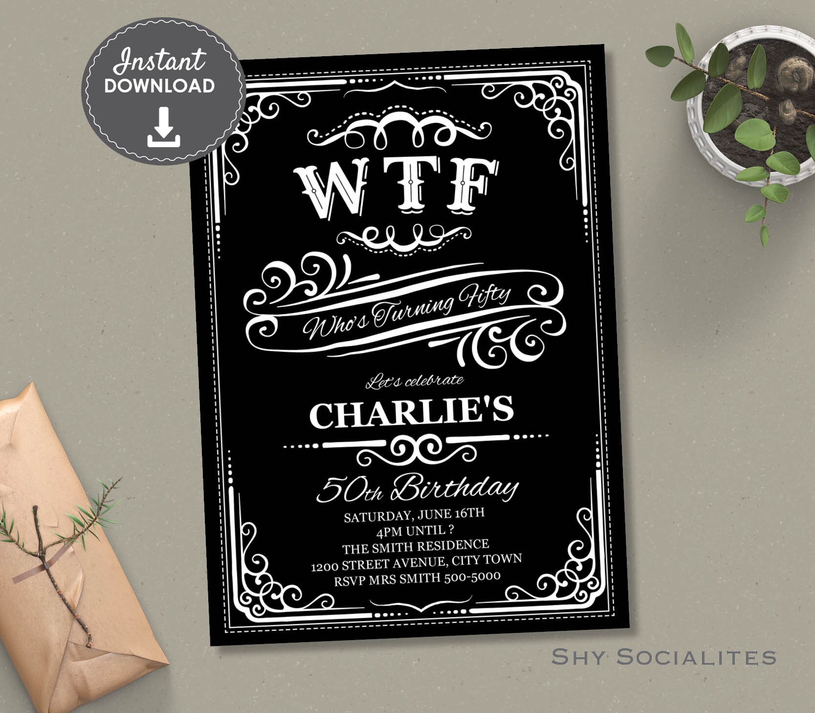 Wtf Whiskey Label 50th Birthday Invitation Funny Birthday Etsy