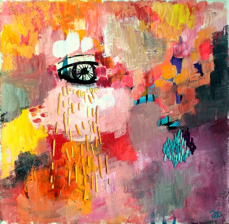 Mixed-media Art Print Creyes Abstract Art and Collage Painting With Embroidery for Abstract Art ...