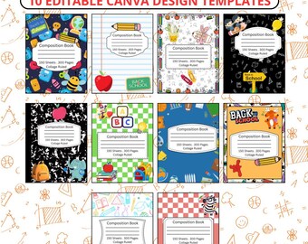 12 Composition Book Cover Designs | 6 Girl + 6 Boy | Canva Editable ...