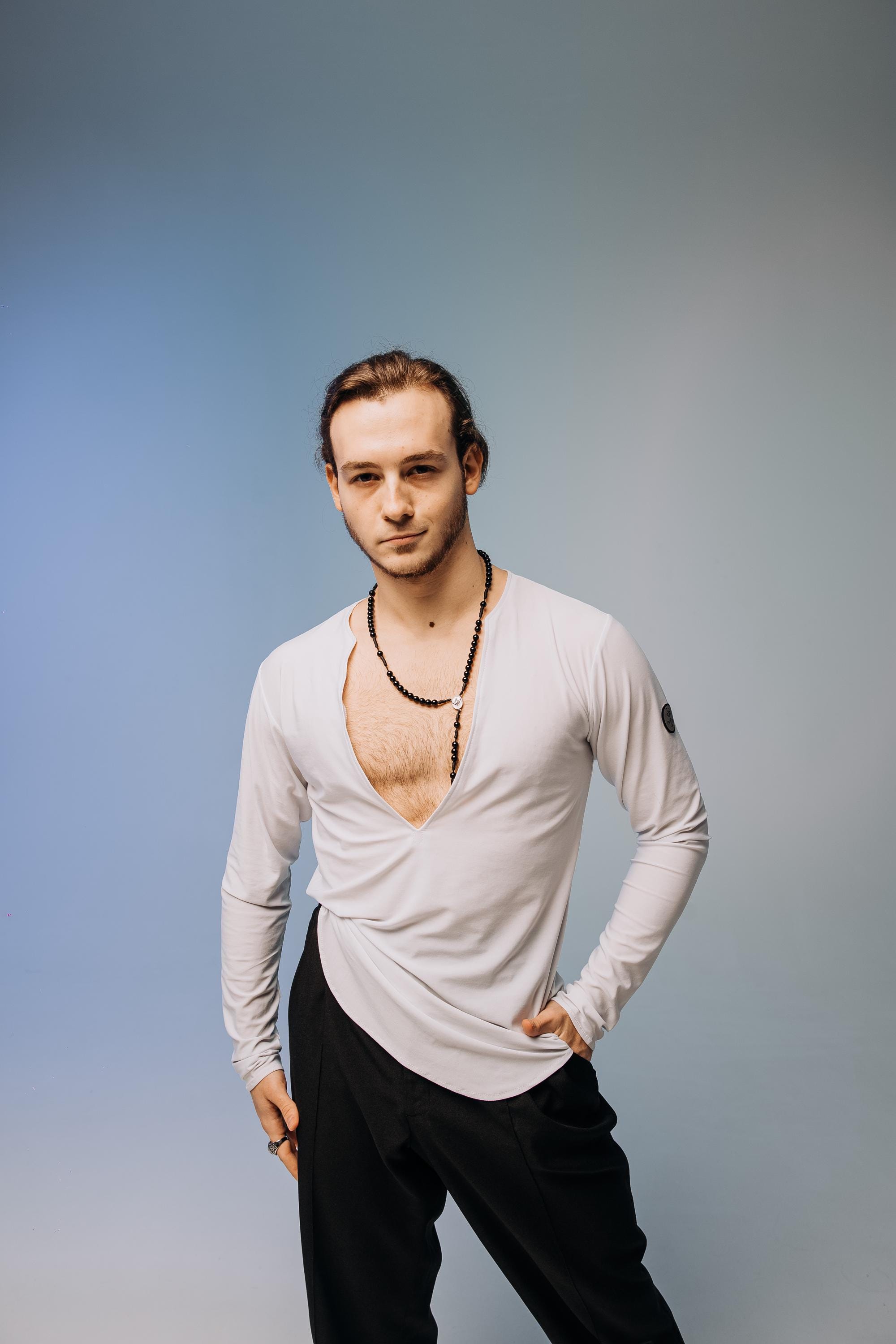 Men’s Latin Dance Shirt in Pure White – Deep V-neck Performance Top ...