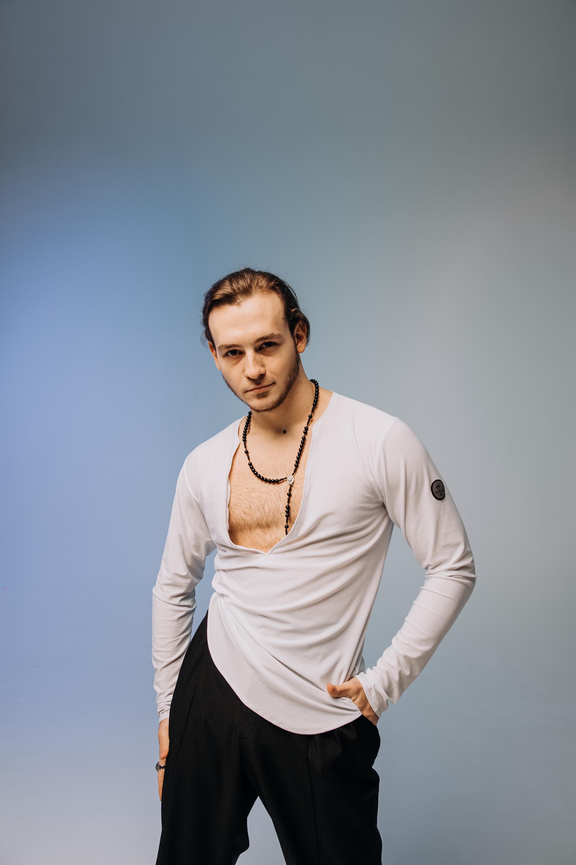 Men’s Latin Dance Shirt in Pure White – Deep V-neck Performance Top ...