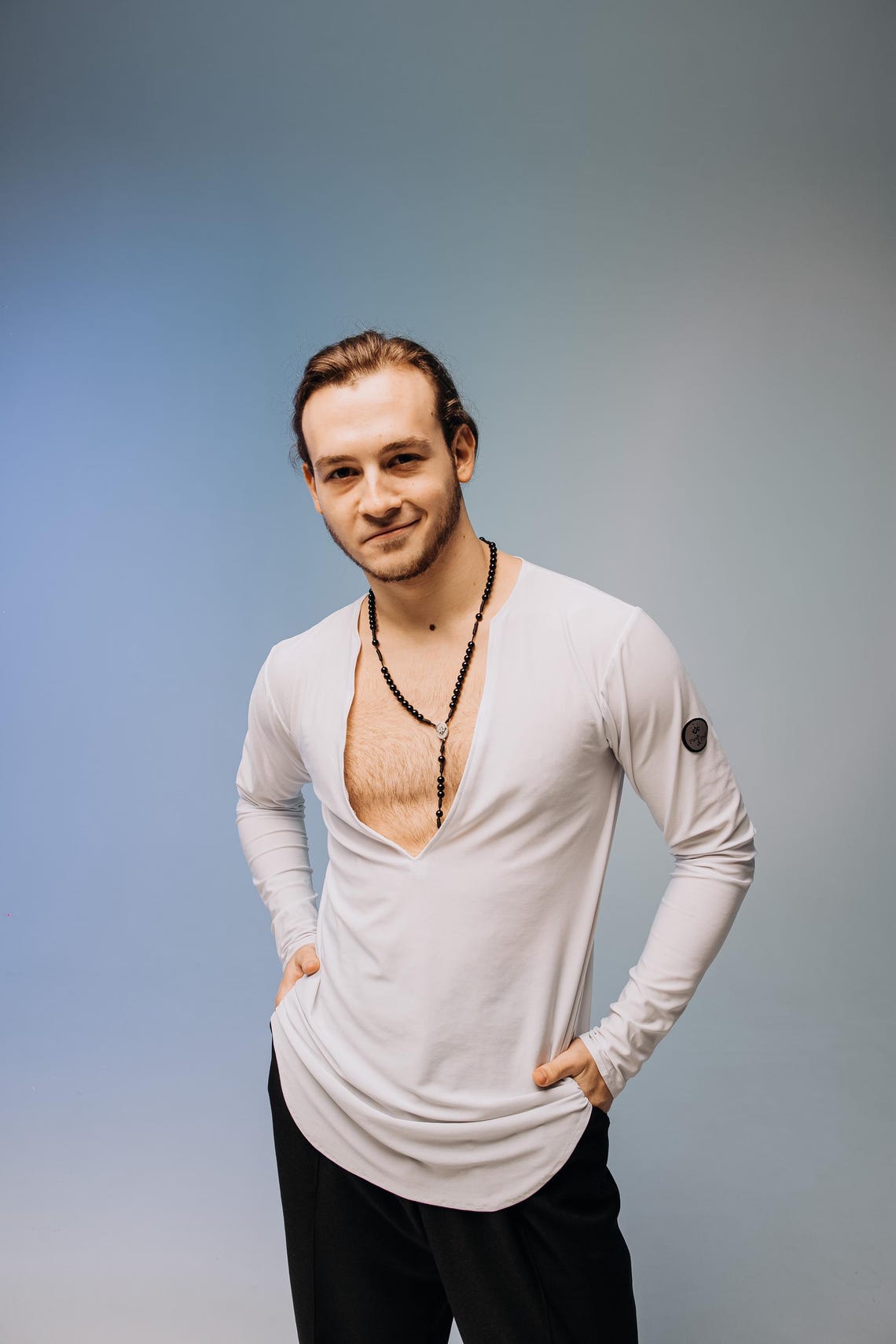 Men’s Latin Dance Shirt in Pure White – Deep V-neck Performance Top ...