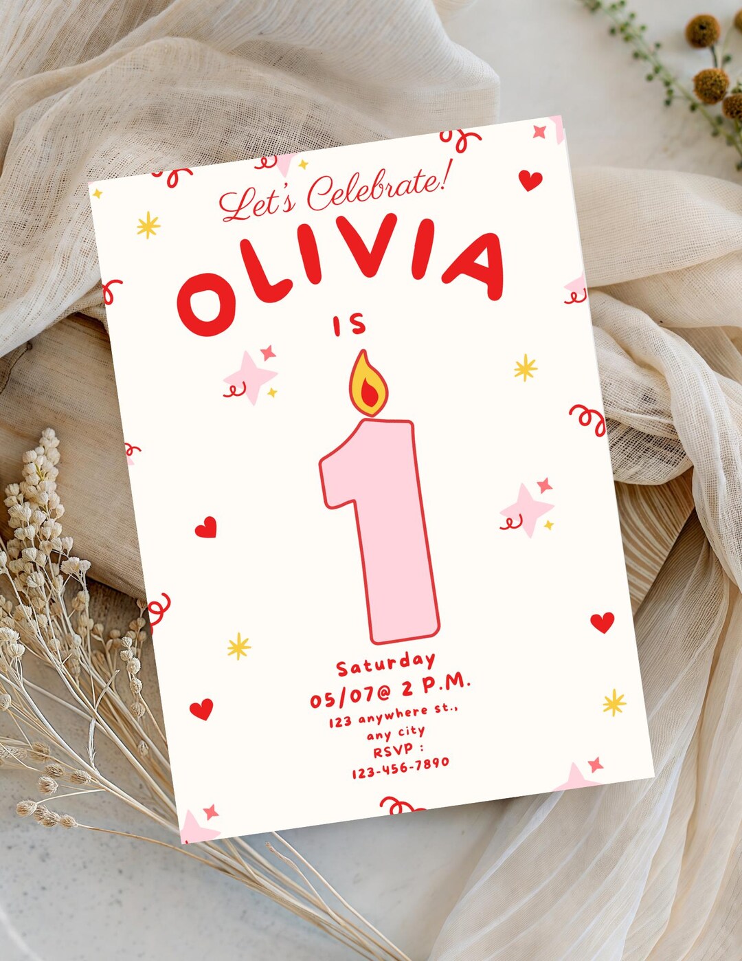 Candle First Birthday Invitation: Editable Template Edible Canva ...