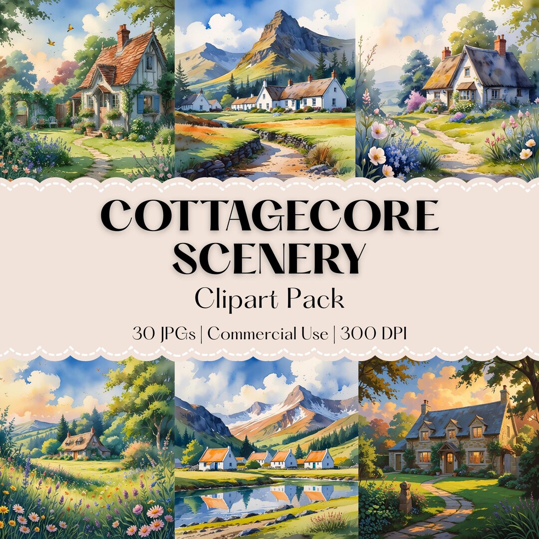 Cottagecore Scenery Clipart Collection: 30 Watercolor Landscape Jpgs ...